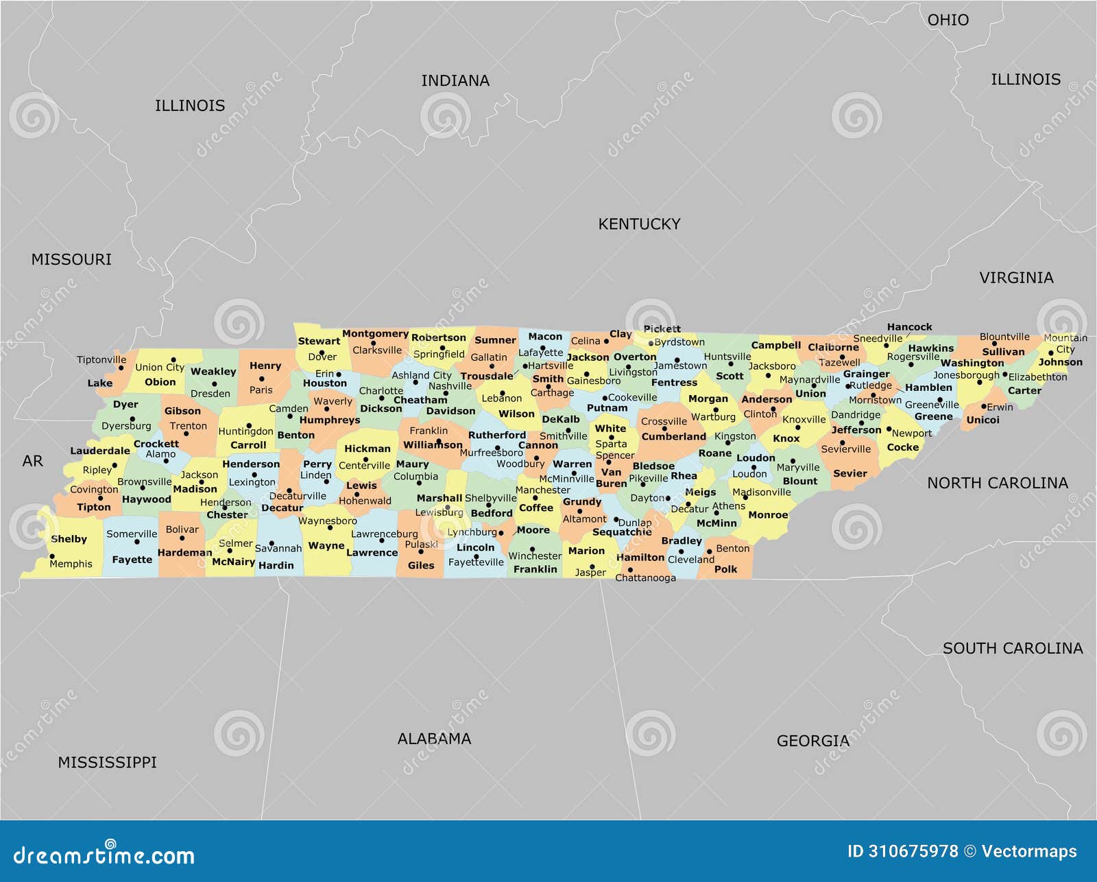 Tennessee County Map with 95 Counties Stock Vector - Illustration of ...
