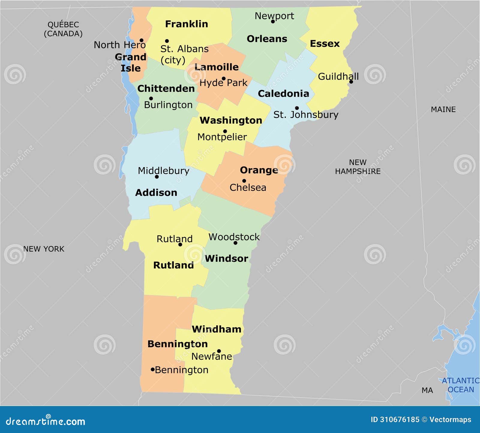 Vermont County Map with 14 Counties Stock Vector - Illustration of ...