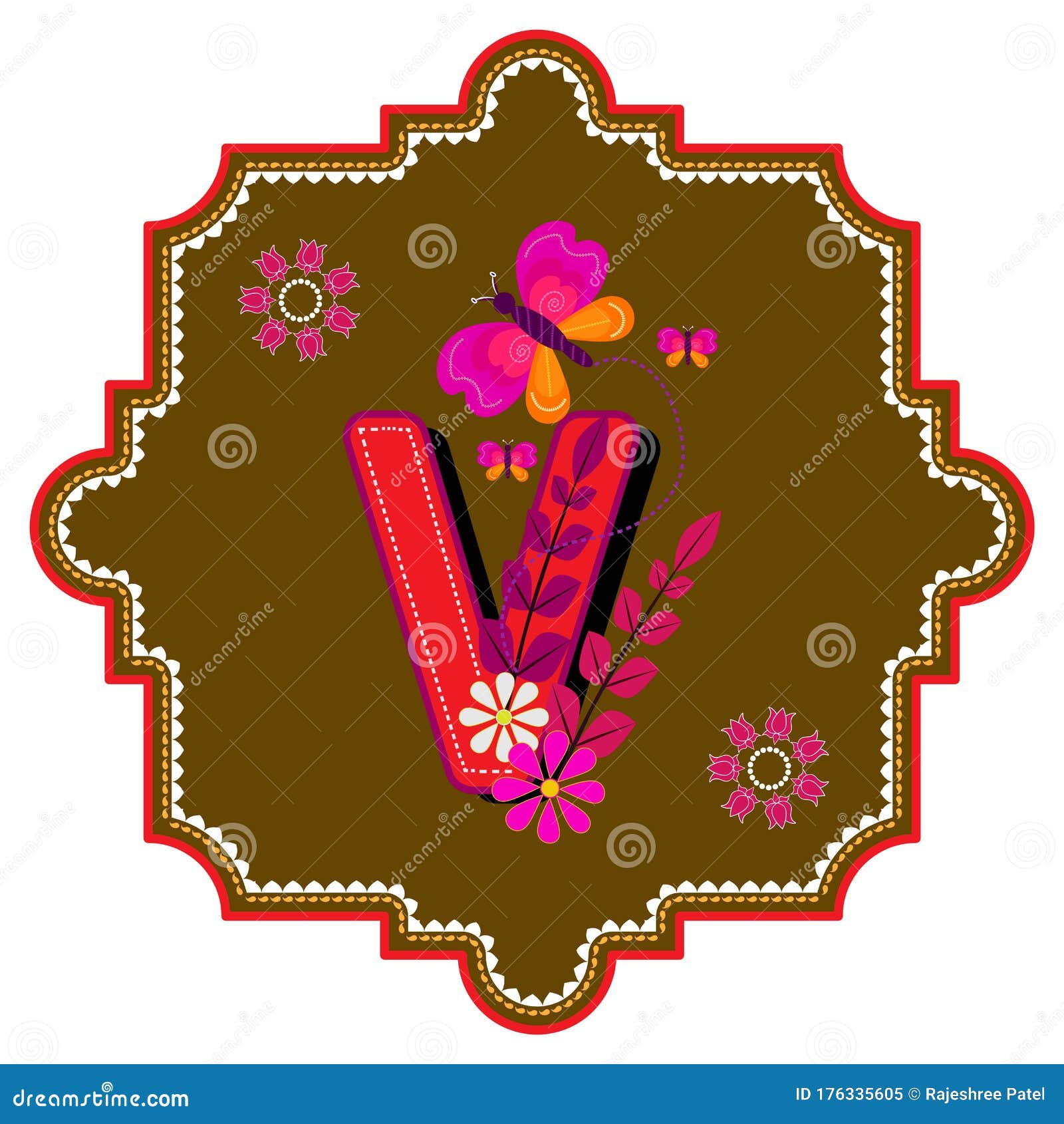 Letter V. Alphabet V Sticker. Floral Type with Butterflies. Lotus and ...