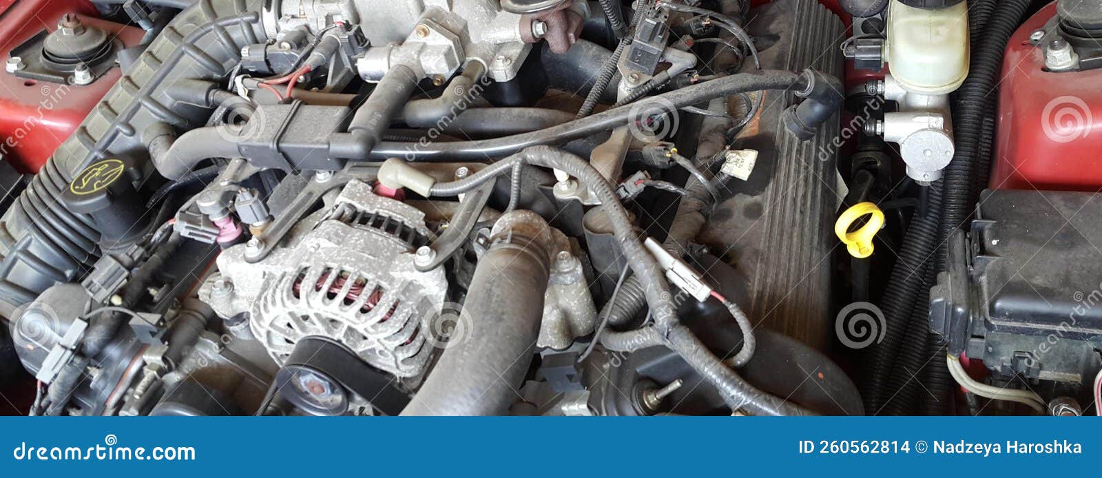 V8 Car Engine. Car Engine Compartment Open Stock Photo - Image of black ...