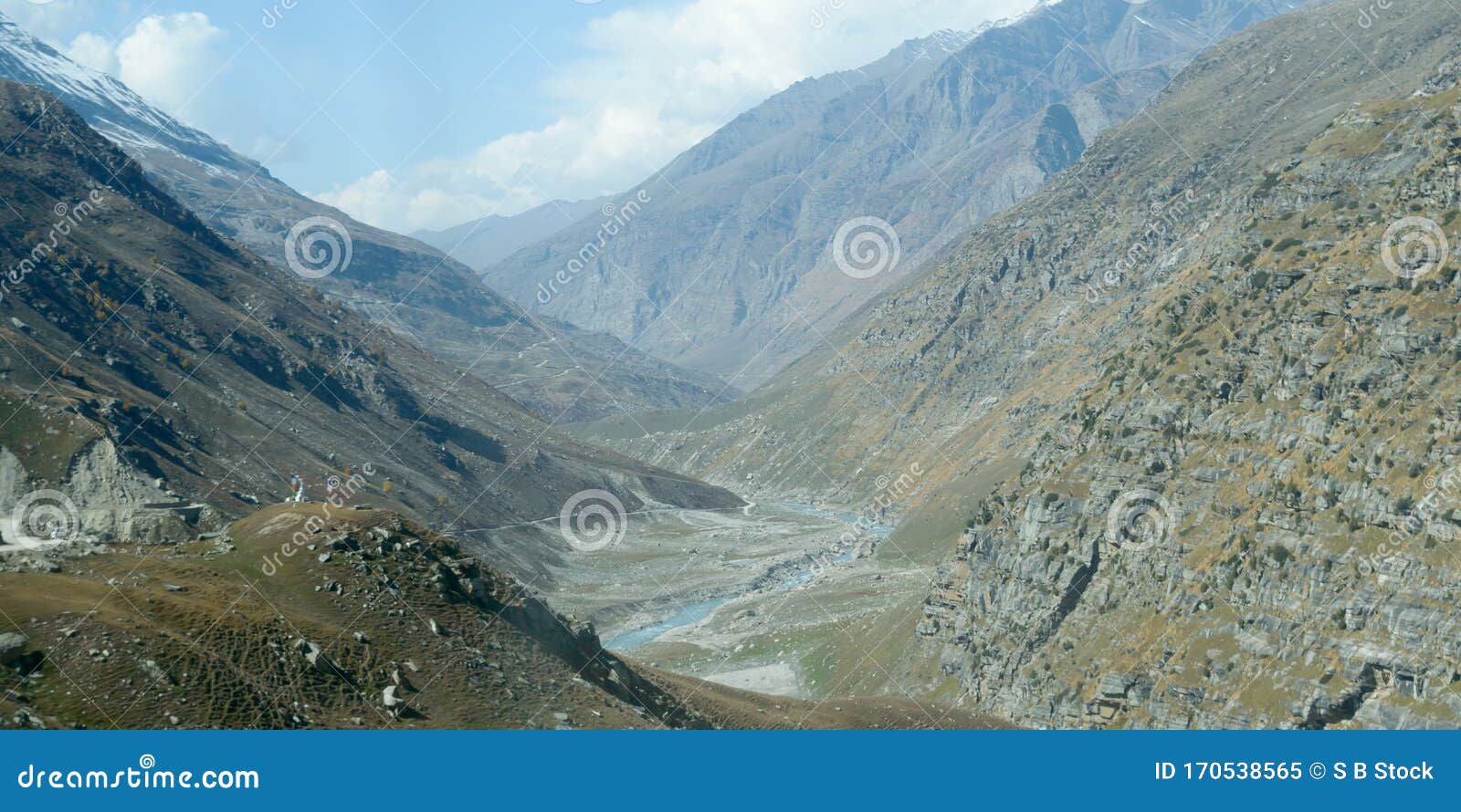 V-shaped Himalayas Valley Down Which A River With A Winding Course ...