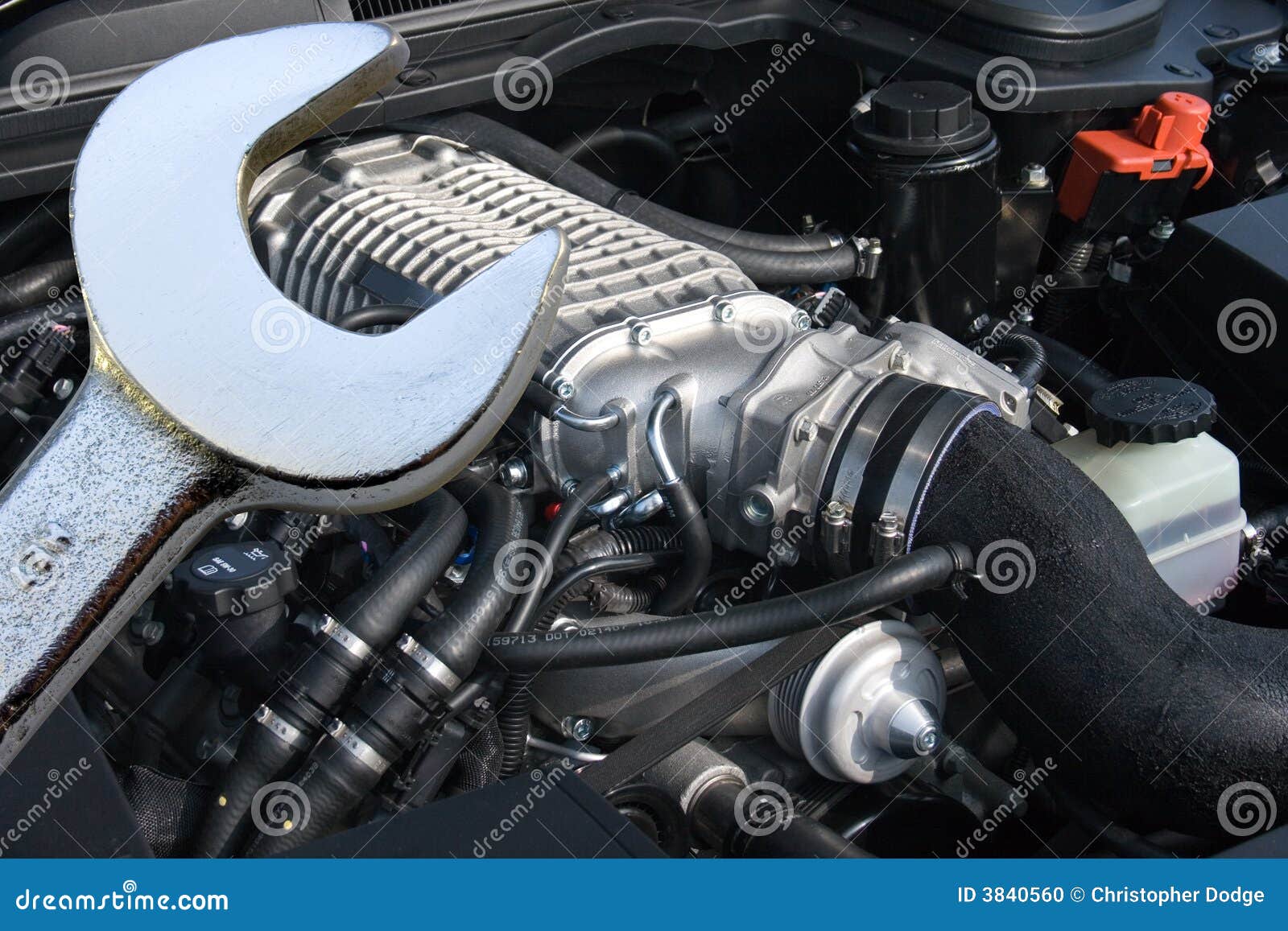 V8 Supercharged Car Engine and Spanner Stock Photo - Image of ...
