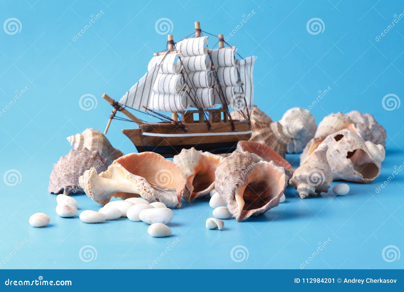Vacation Concepr on Blue with Ship and Shell Stock Image - Image of ...