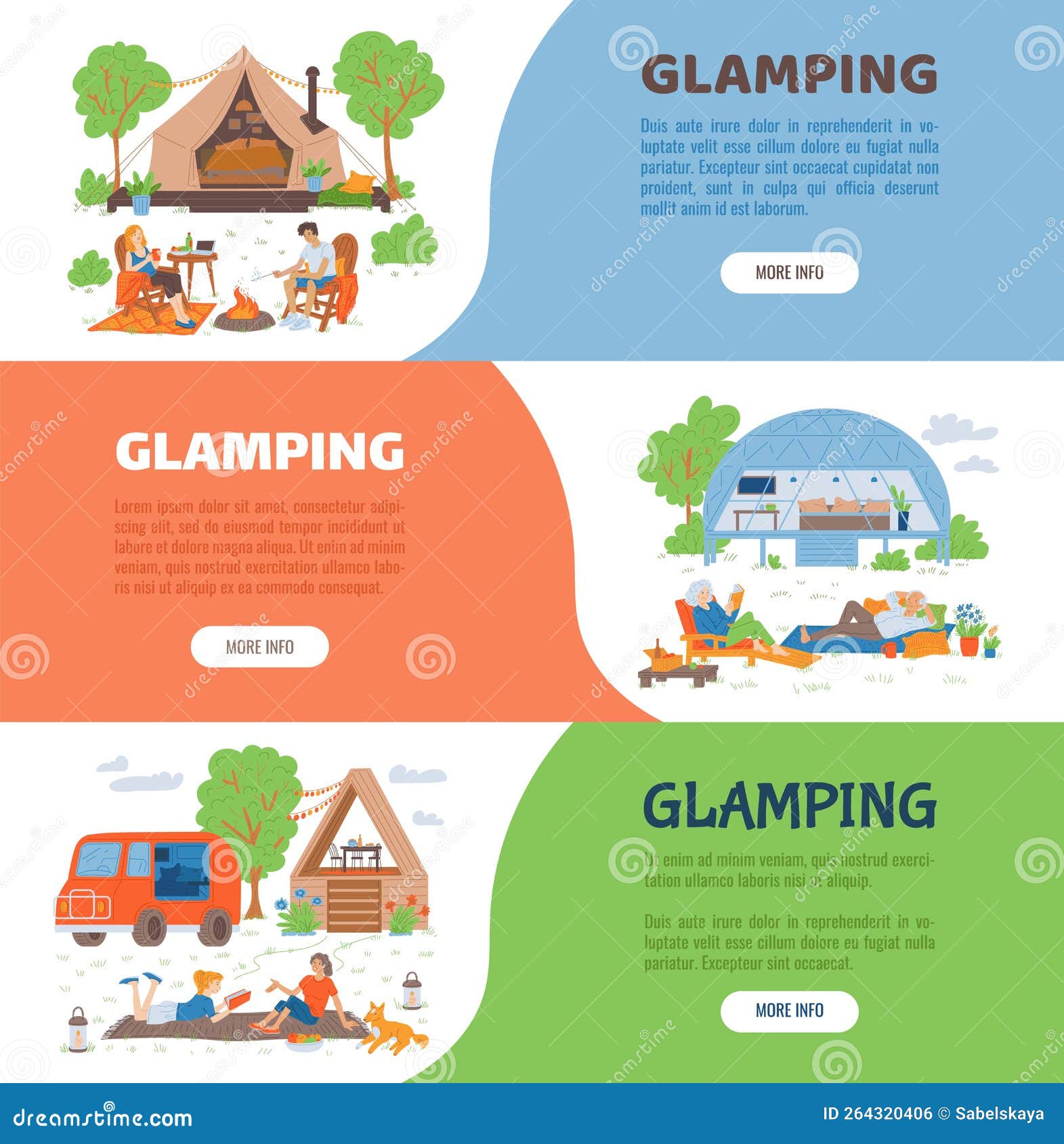 Vacation in Glamping Flyers or Banners Bundle, Flat Vector Illustration ...