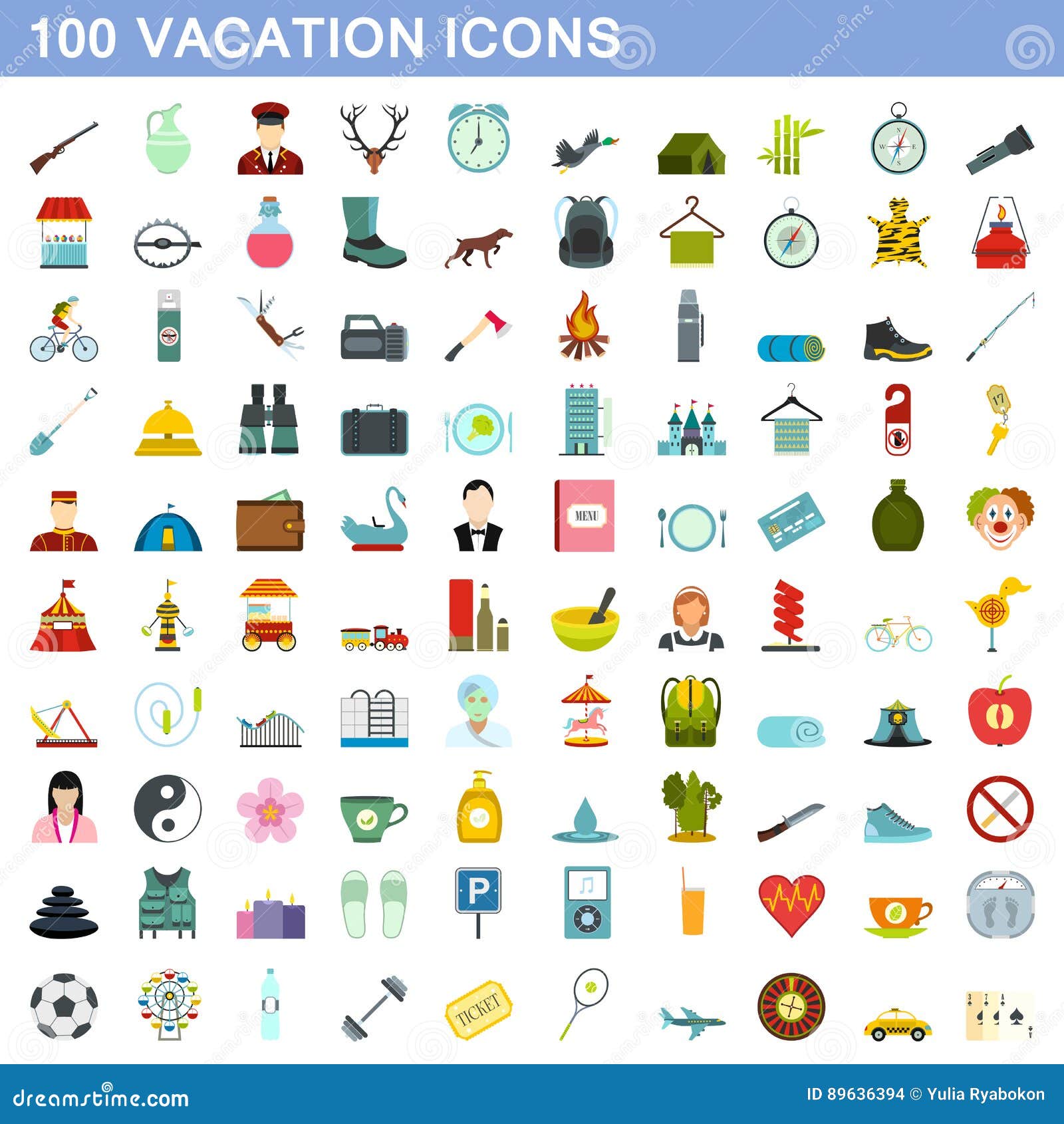 100 Vacation Icons Set, Flat Style Stock Vector - Illustration of ...