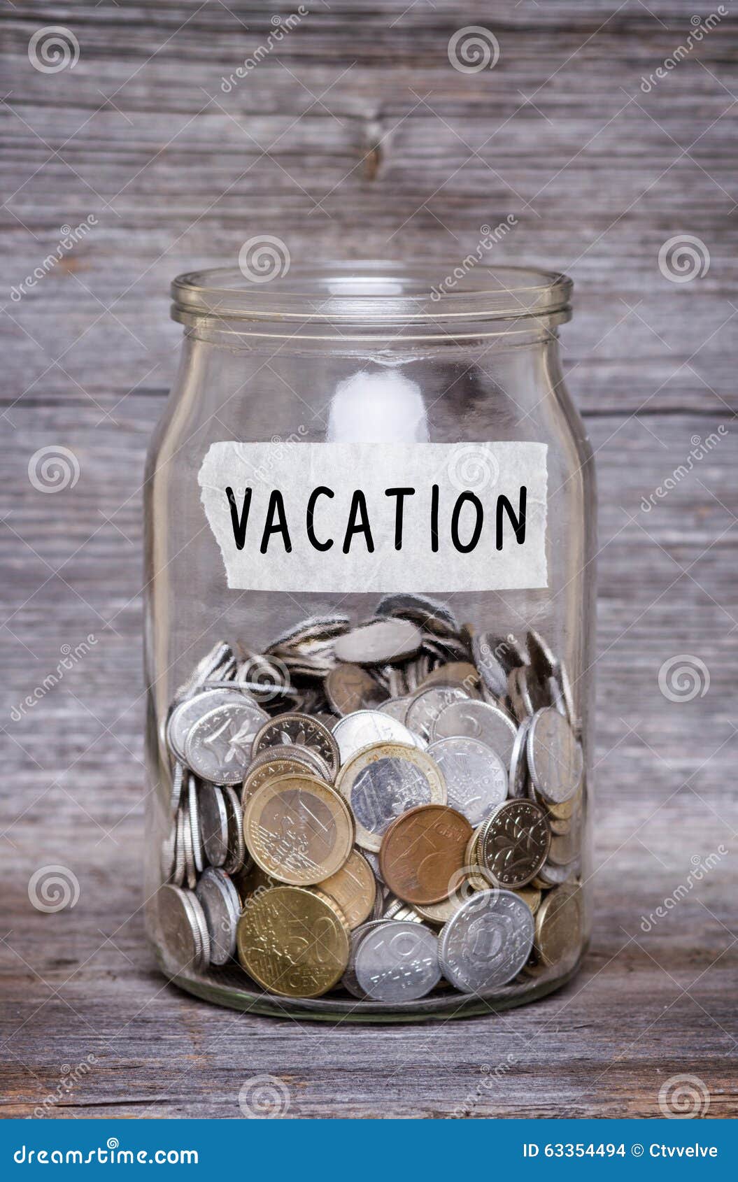 Vacation, Money Jar with Coins on Wood Table Stock Photo - Image of ...