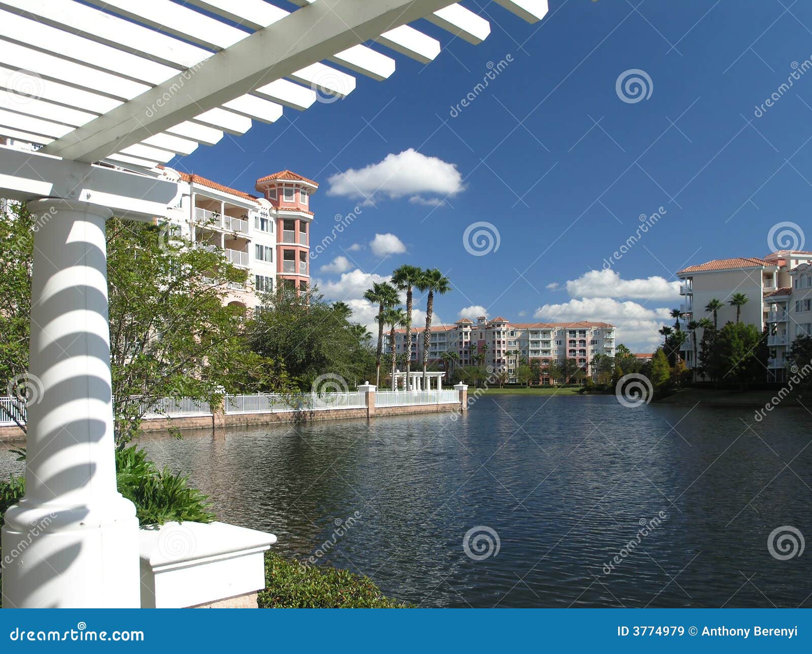 Vacation Resort Bldg Lake & Trellis 2 Stock Image - Image of expensive ...