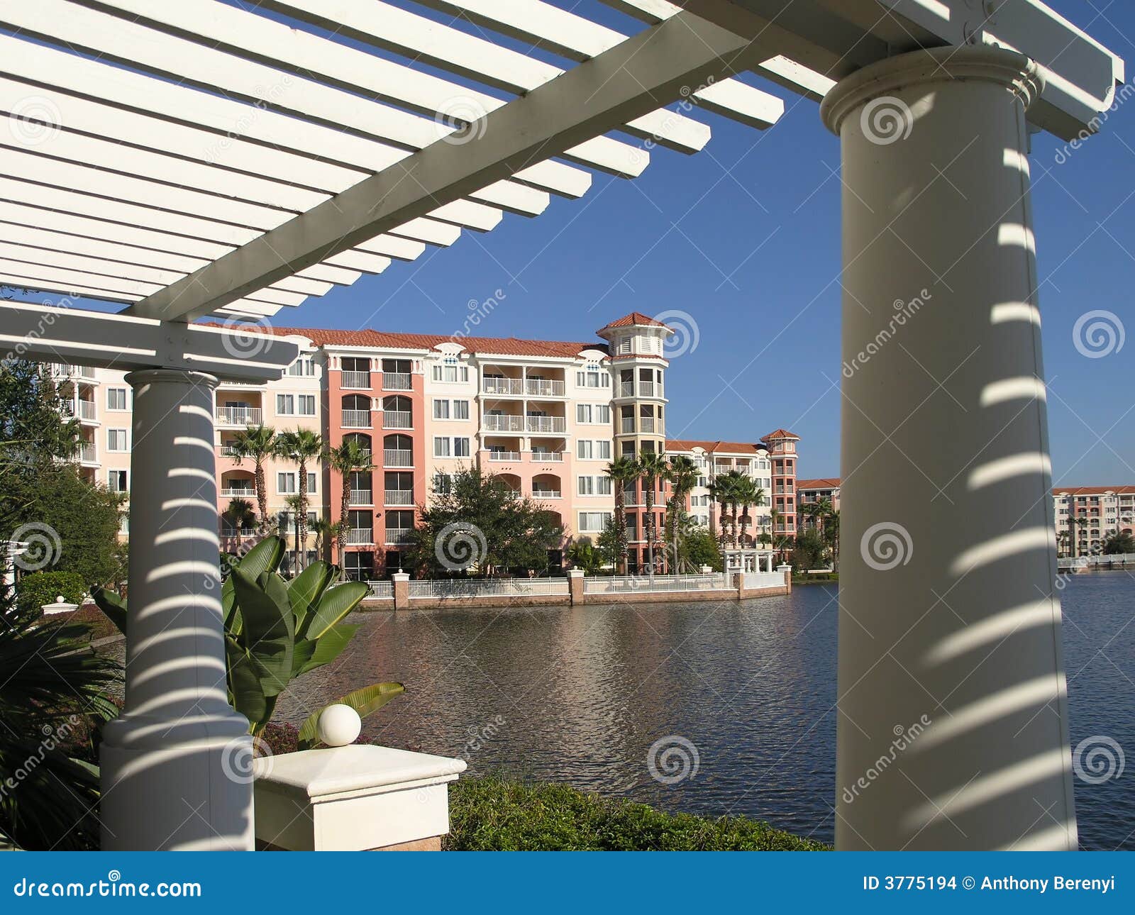 Vacation Resort Buildings Trellis & Lake 2 Stock Photo - Image of decor ...