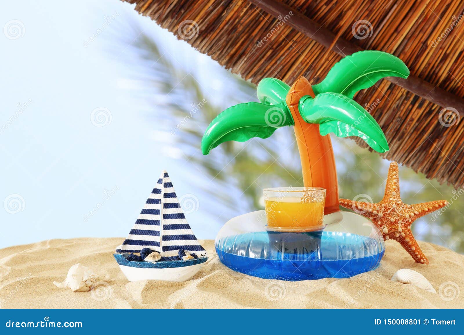 Vacation and Summer Concept with Fresh Fruit Drink and Palm Shape Pool ...