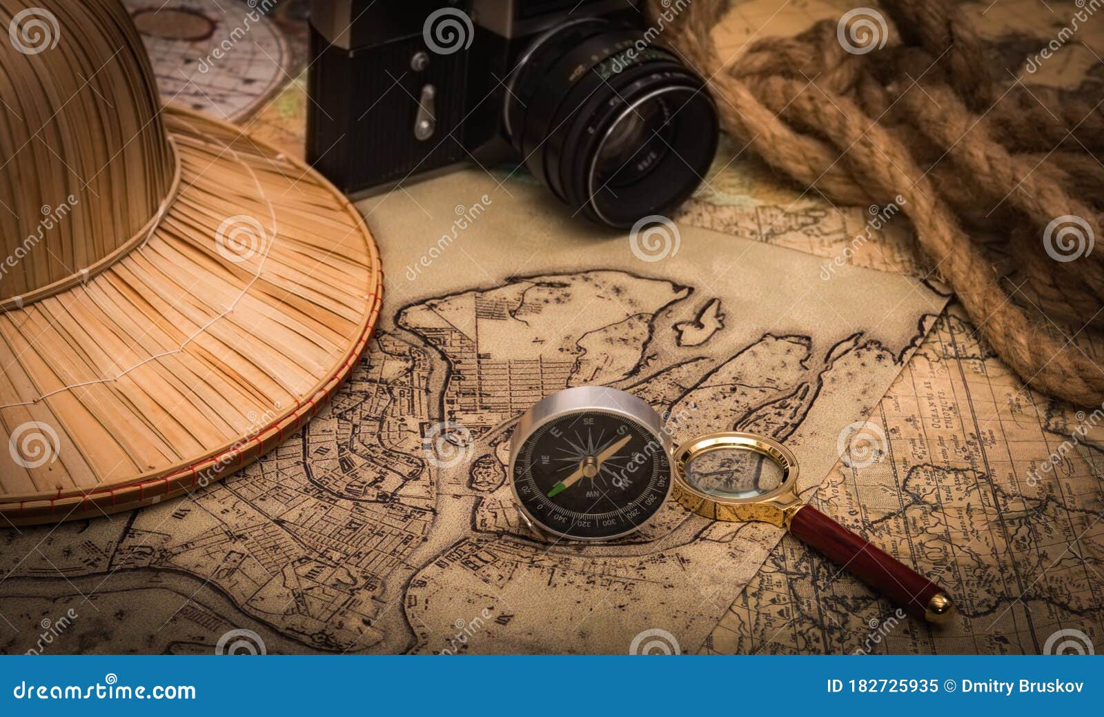 Vacation Travel Planning with Map, Compass Stock Image - Image of ...