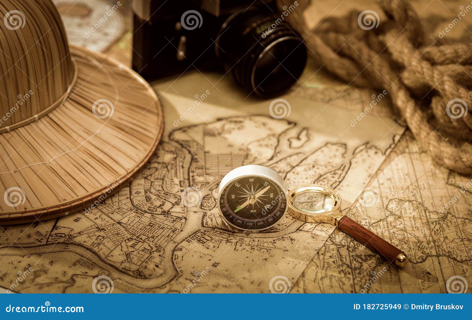 Vacation Travel Planning with Map, Compass Stock Image - Image of ...