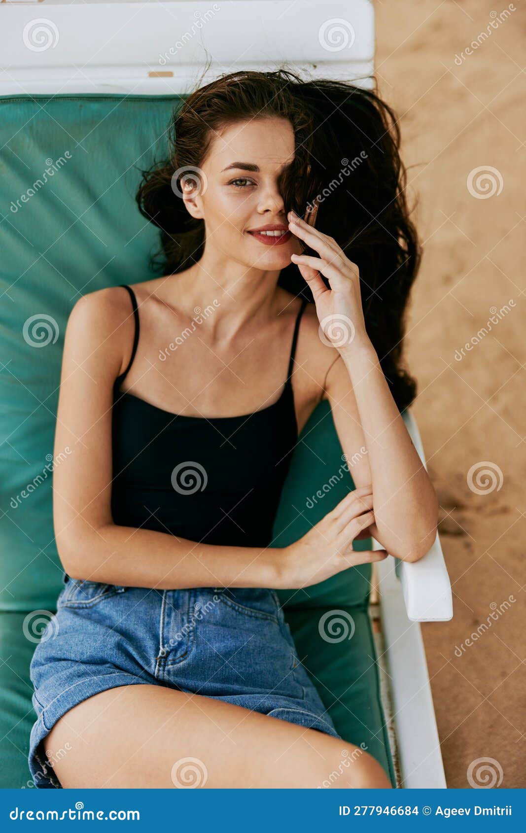 Woman Sunbed Sand Ocean Lying Smiling Lifestyle Resort Tan Beach Sea
