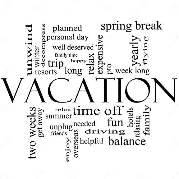 Vacation Word Cloud Concept in Black and White Stock Illustration ...