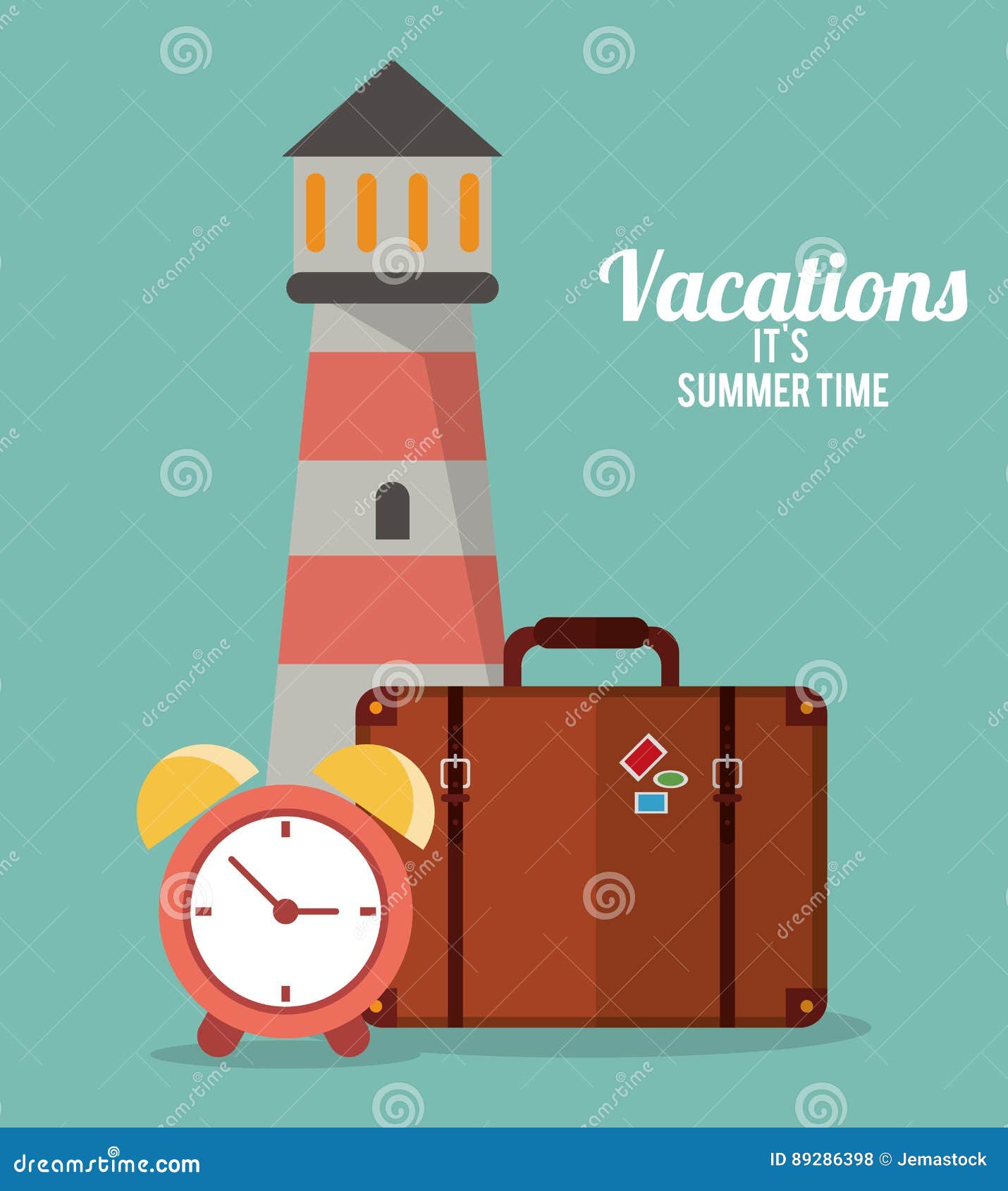 Vacations Summer Time - Lighthouse Suitcase Clock Stock Illustration ...