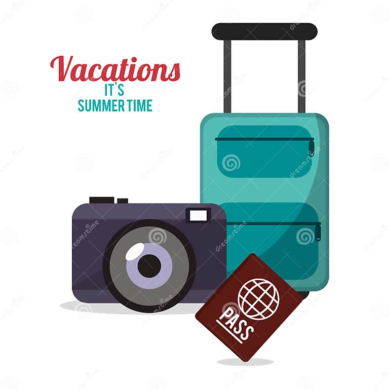Vacations Summer Time Suitcase Camera Passport Stock Illustration