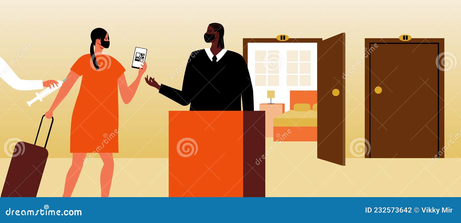 Vaccinated Guest with QR Code, Hotel Check-in, Flat Vector Stock ...