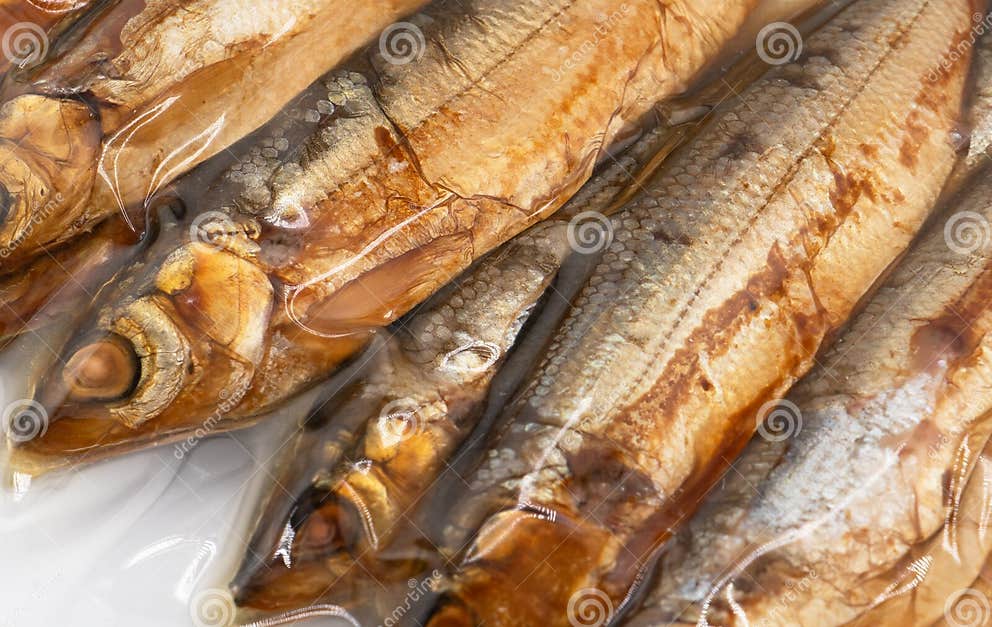 Vacuum Packaged Smoked Fish Texture Background Stock Photo - Image of ...