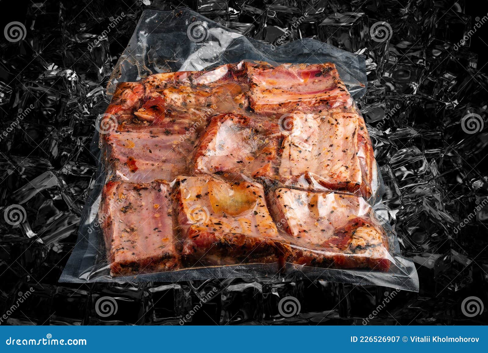 Vacuum-packed Meat, on Dark Ice Background, Pork Ribs. Semifinished ...