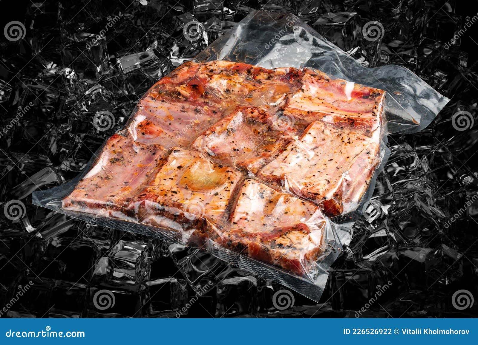 Vacuum-packed Meat, on Dark Ice Background, Pork Ribs. Semifinished ...