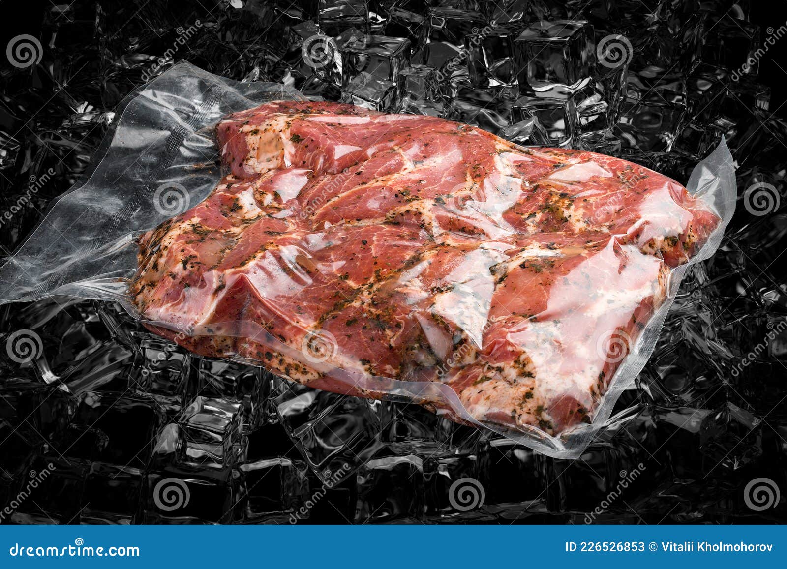 Vacuum-packed Meat, on Dark Ice Background, Pork Steak. Semifinished ...