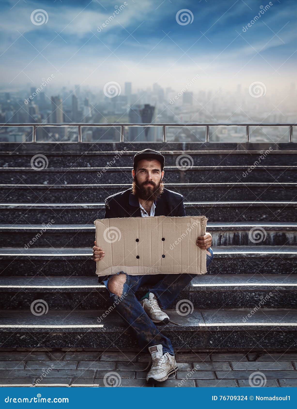 Vagrant with cardboard stock photo. Image of person, homeless - 76709324