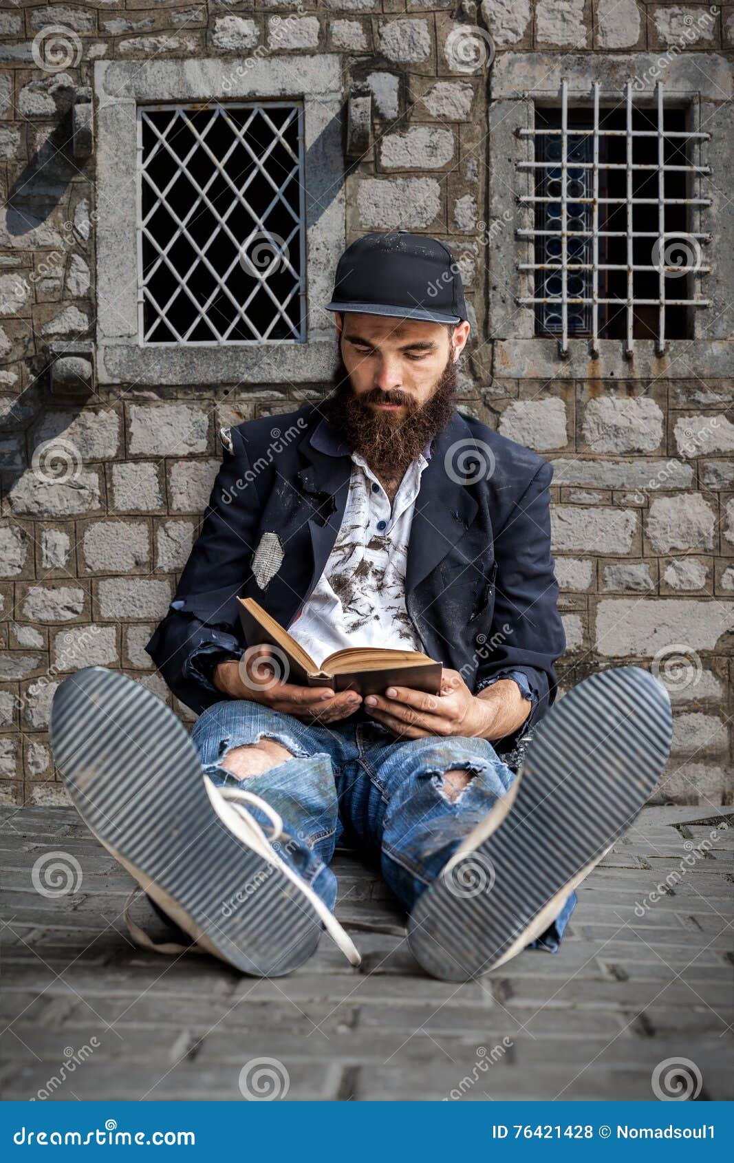 Vagrant reading stock photo. Image of city, misery, caucasian - 76421428