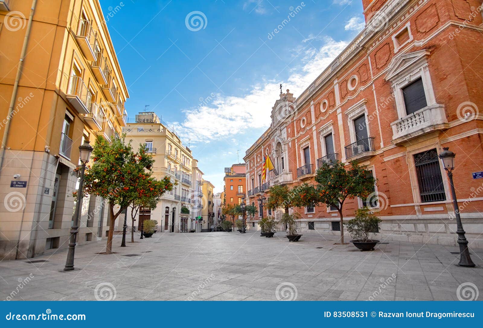 Valencia Spain Street with Orange Trees Stock Image - Image of center ...