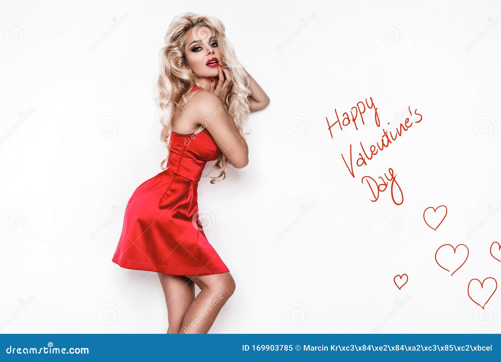 Valentine Beautiful Girl In Red Dress On White Background Beautiful Happy Young Woman On