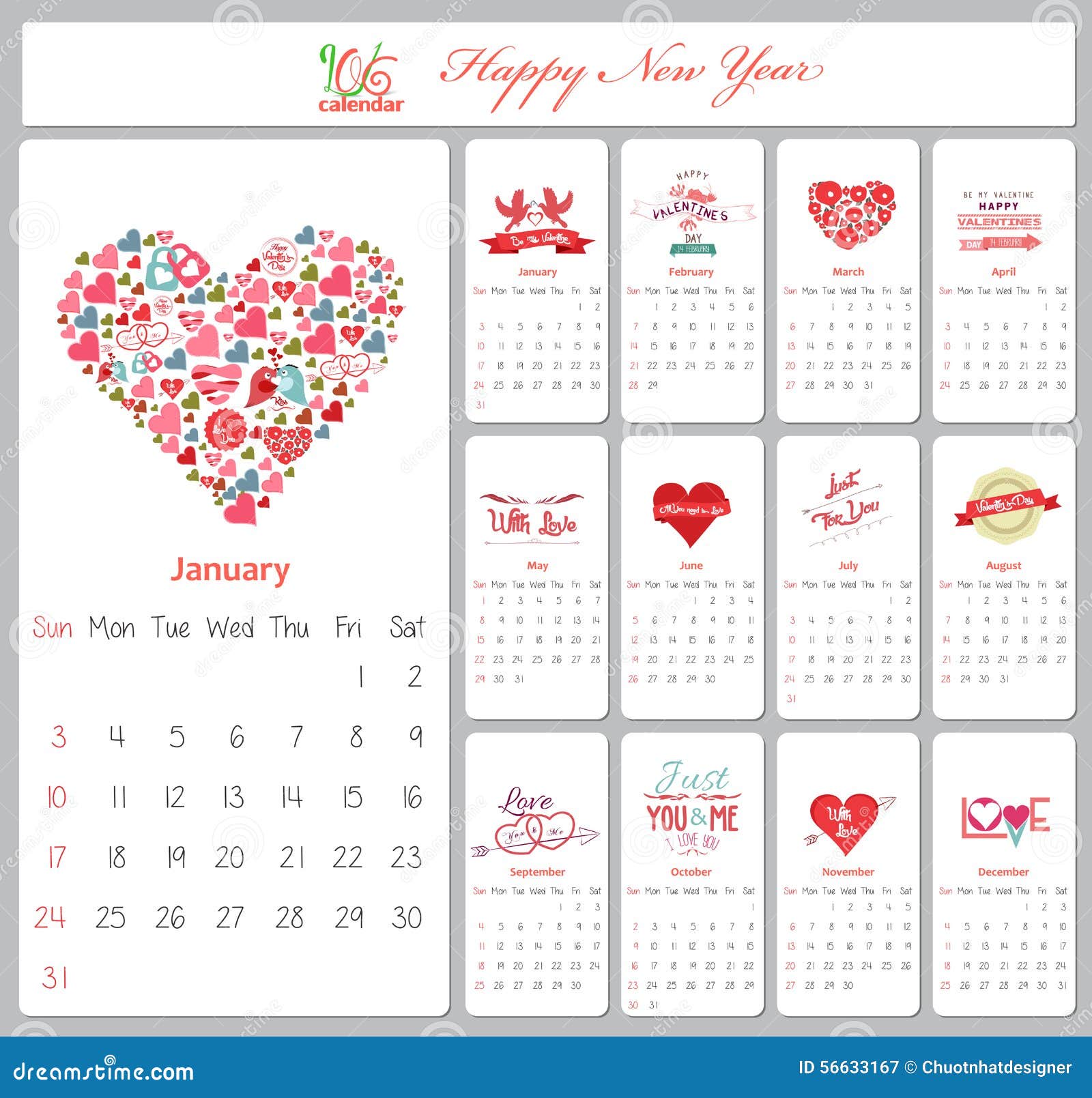 Valentine Calendar for 2016 with Love Heart and Greeting Stock Vector ...
