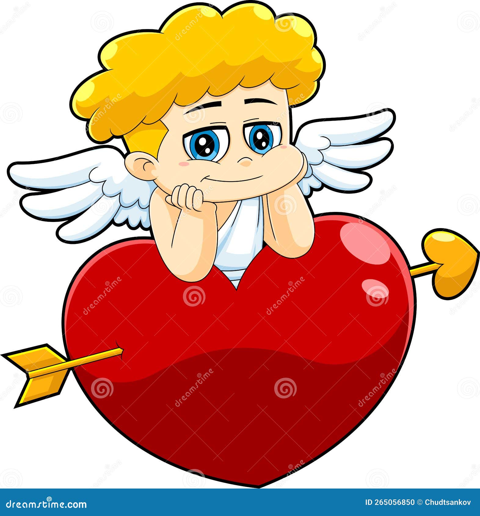 Chibi Cupid Baby Cartoon Character Leaning on Red Heart Stock Vector ...