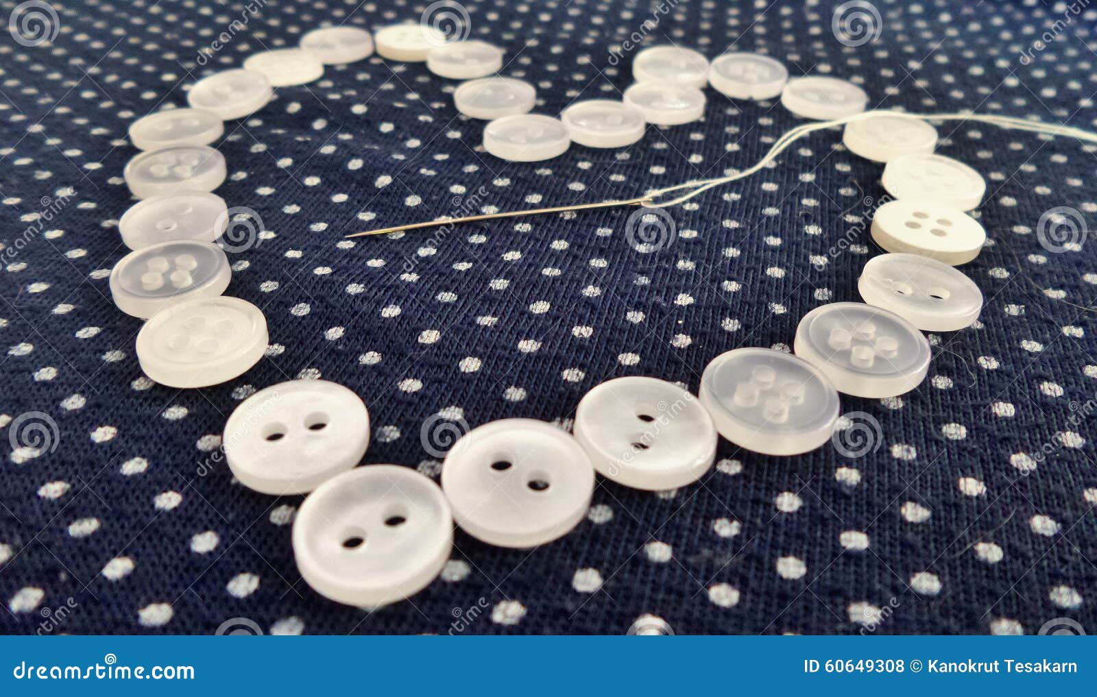 Valentine Heart White Buttons and Thread Needle on Blue and White Polka ...
