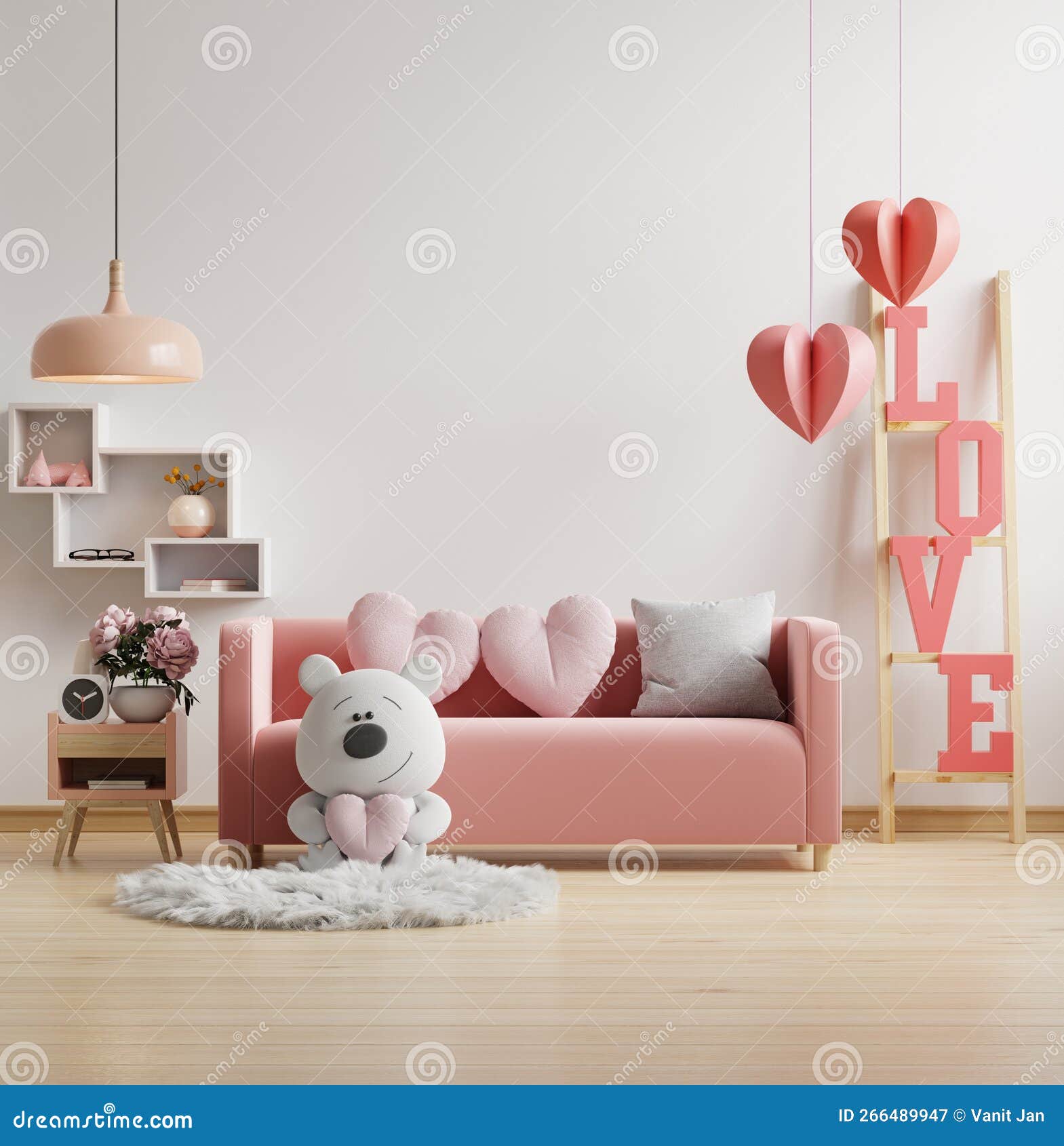 Valentine Interior Room with Pink Sofa and Home Decor for Valentine`s ...