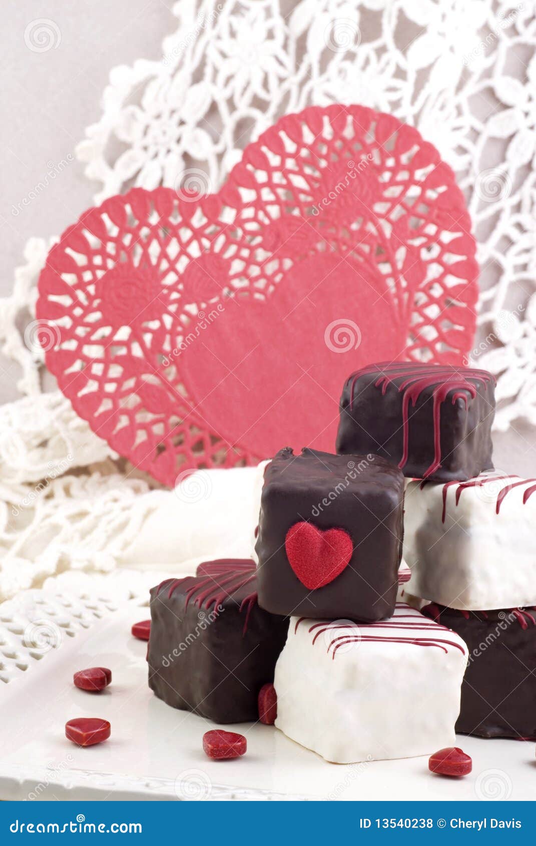 Valentine Petit Fours with Red Heart Stock Photo - Image of chocolate ...
