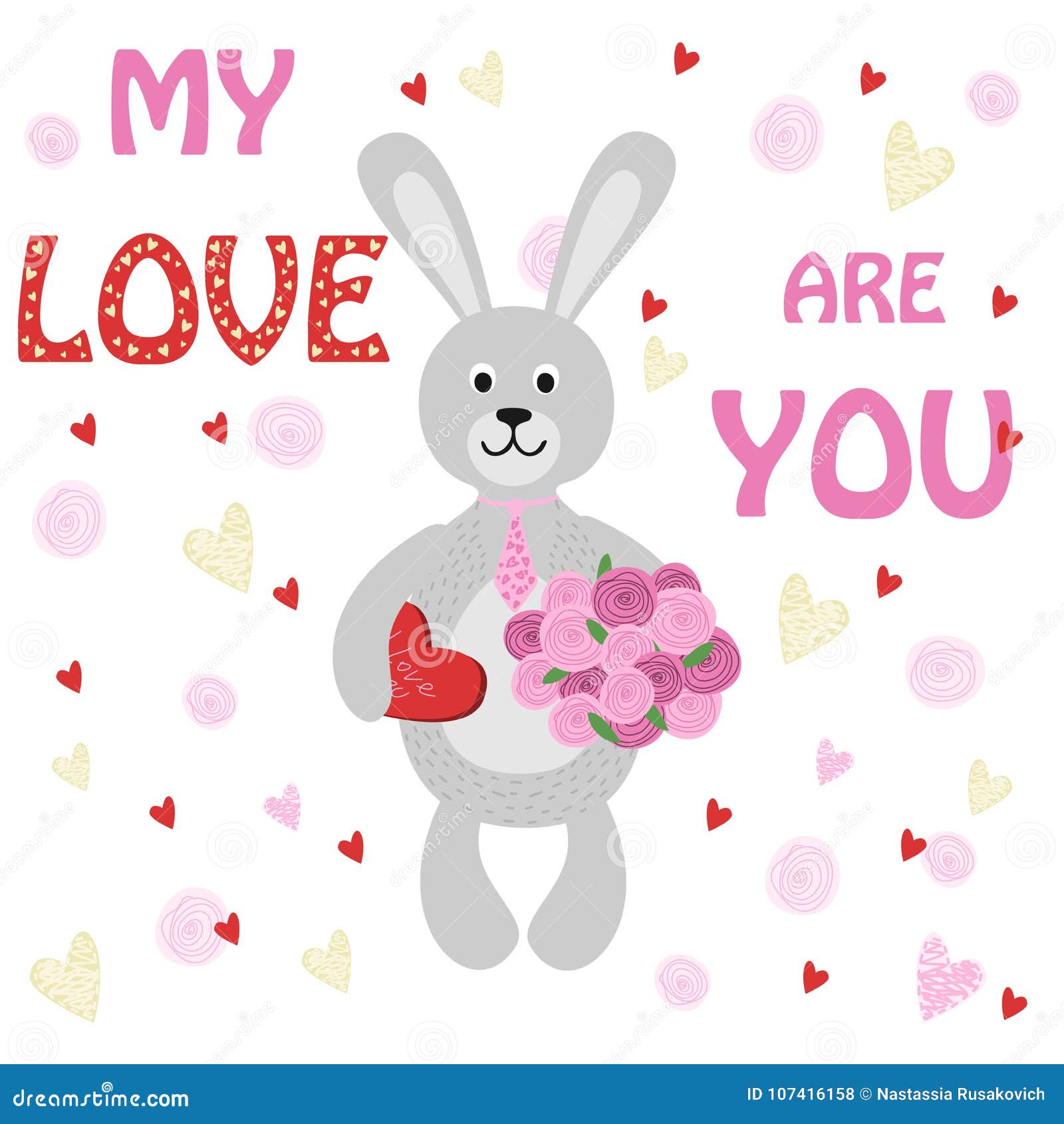 Valentine Rabbit Bunny with Bouquet of Flowers and Sweets Stock Vector ...