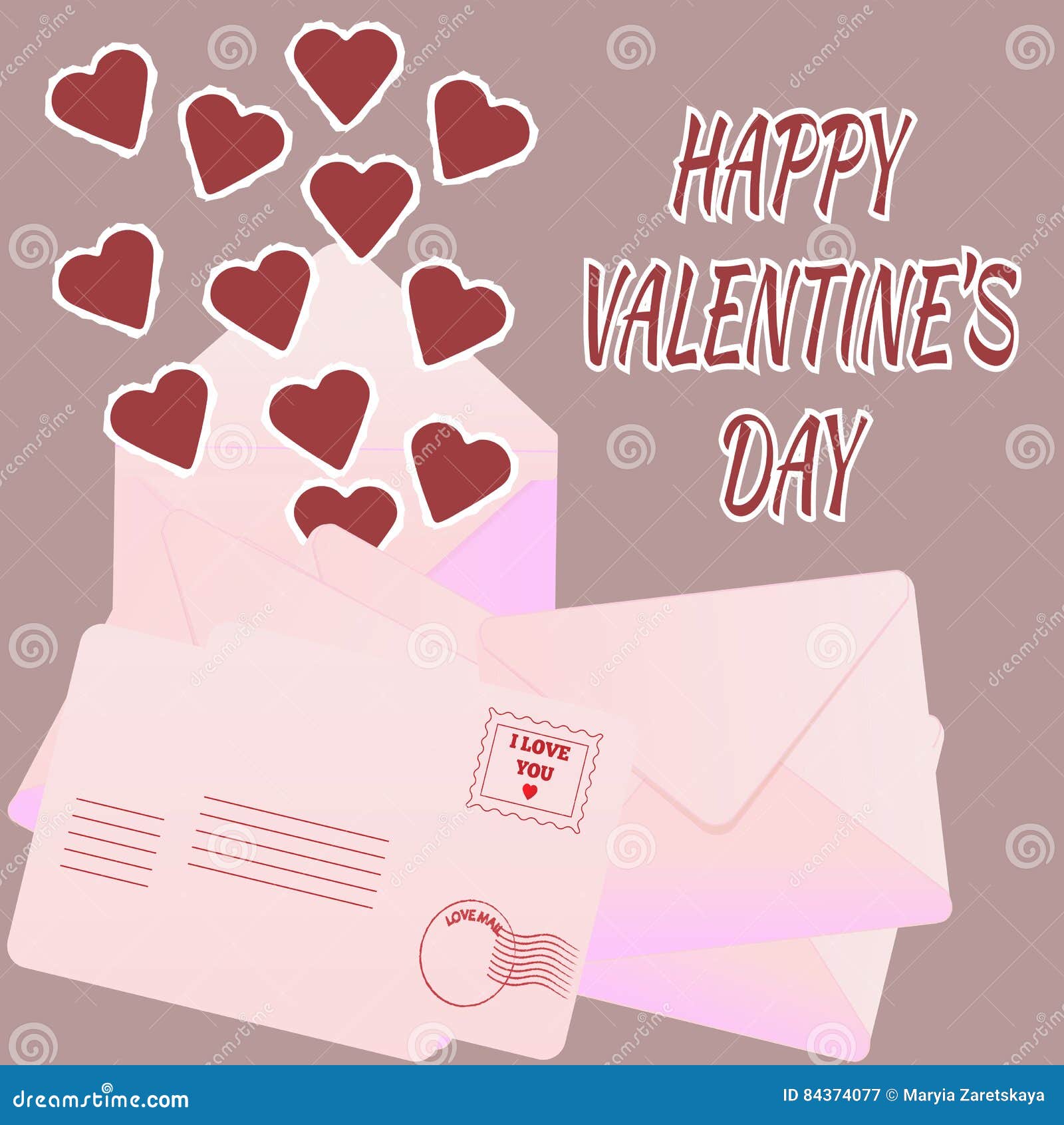 Valentine`s Day Card with Envelopes and Paper Hearts Stock Vector ...