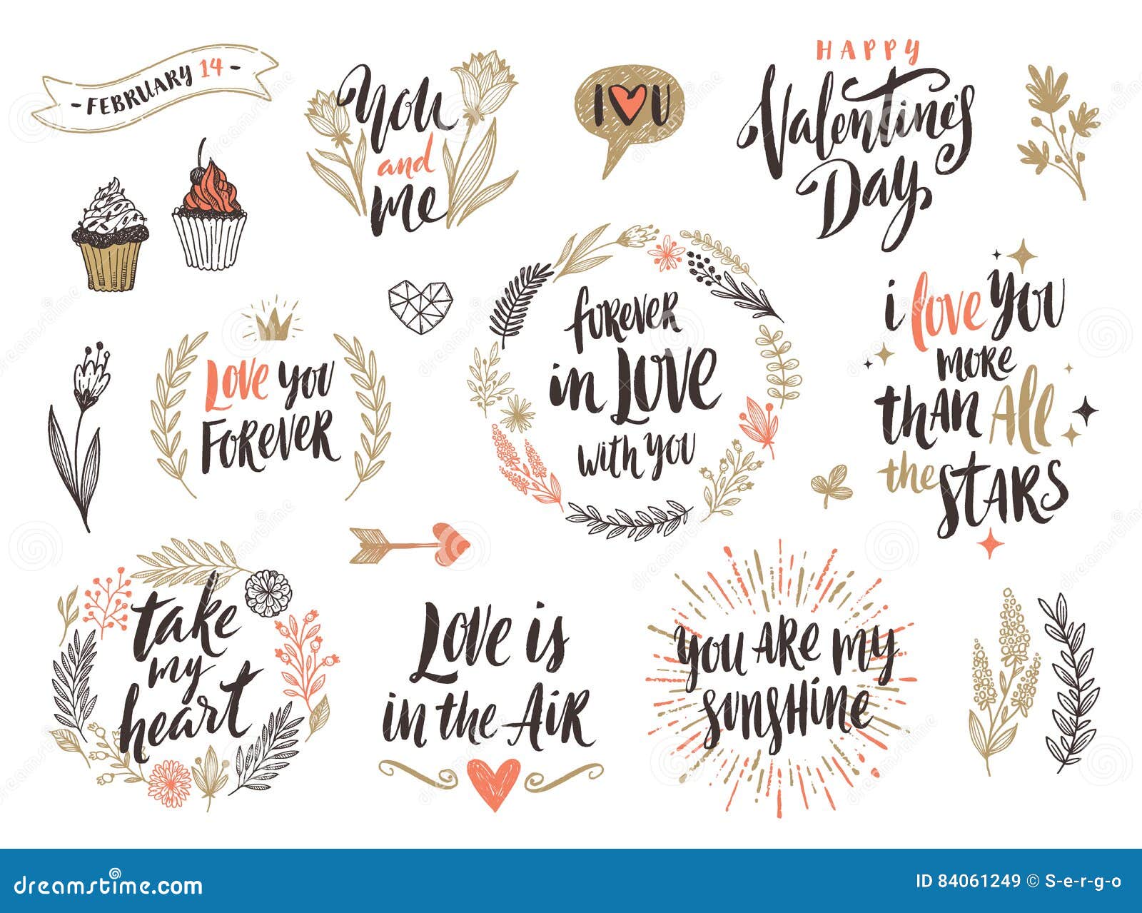 Valentine`s Day Hand Drawn Calligraphy Set Stock Vector - Illustration ...