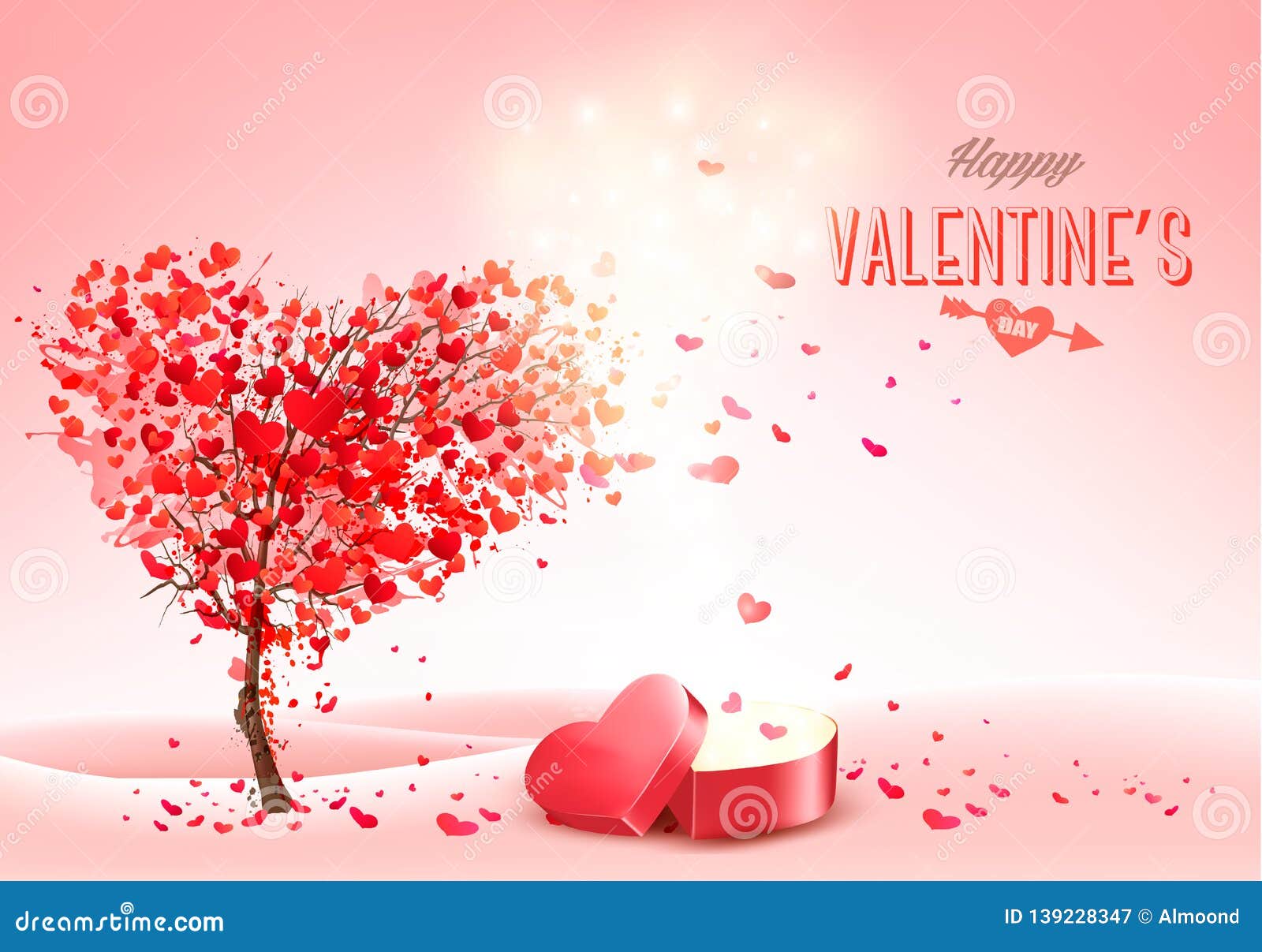 Valentine`s Day Holiday Background with Heart Shape Tree and Red Magic ...