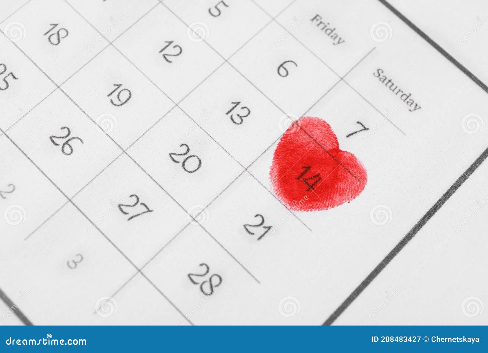 Valentine`s Day Marked with Red Fingerprints on Calendar Sheet Stock ...