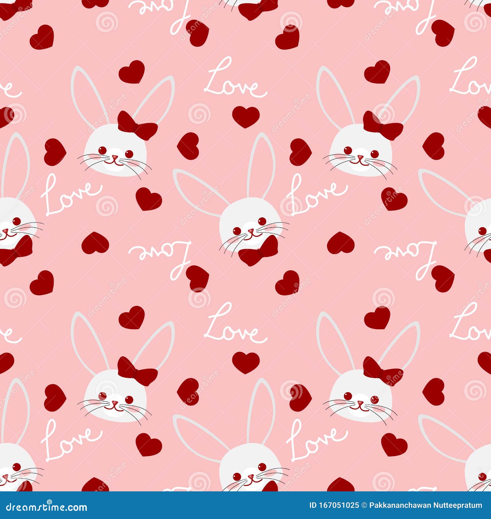 Valentine`s Day Seamless Pattern Of Cute Rabbits Couple Red Heart And