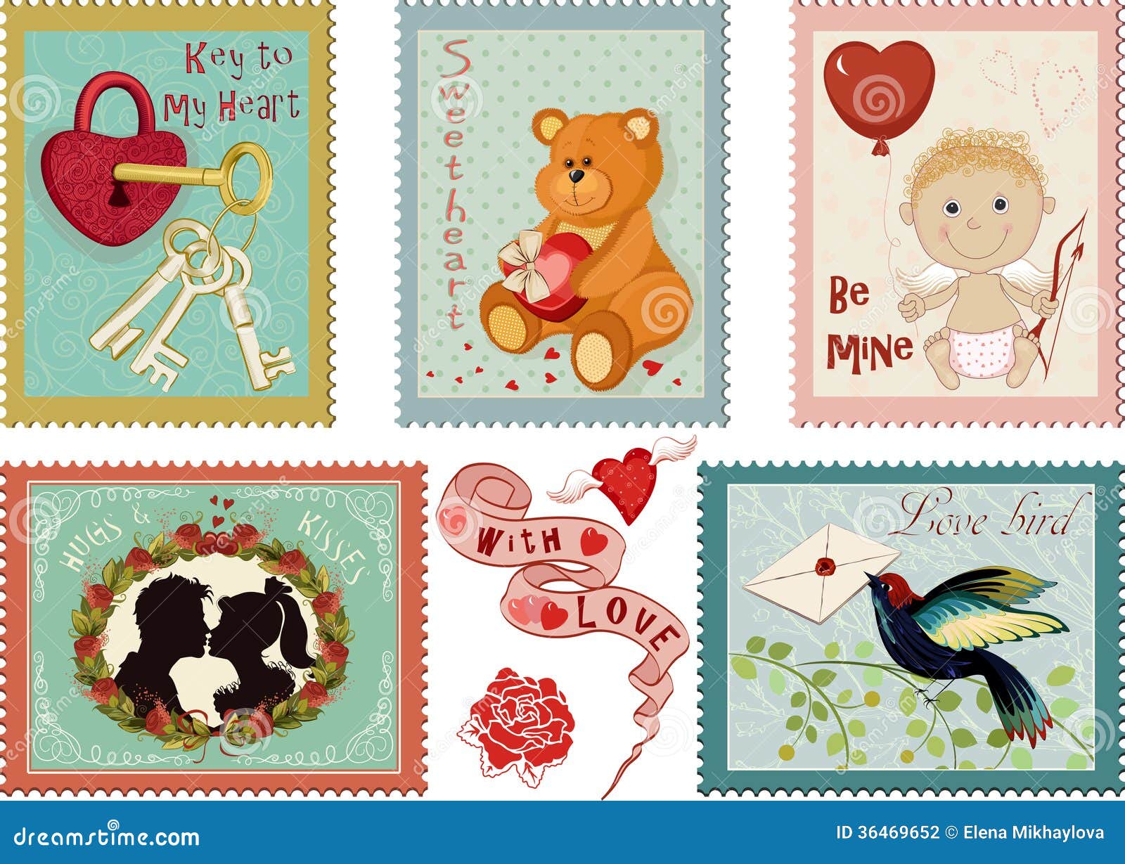 Valentines Day Stamps Collection Stock Vector - Illustration of garland ...
