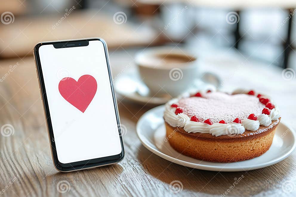 Valentine S Day Table Setting with Coffee, Cake and Smartphone Stock ...