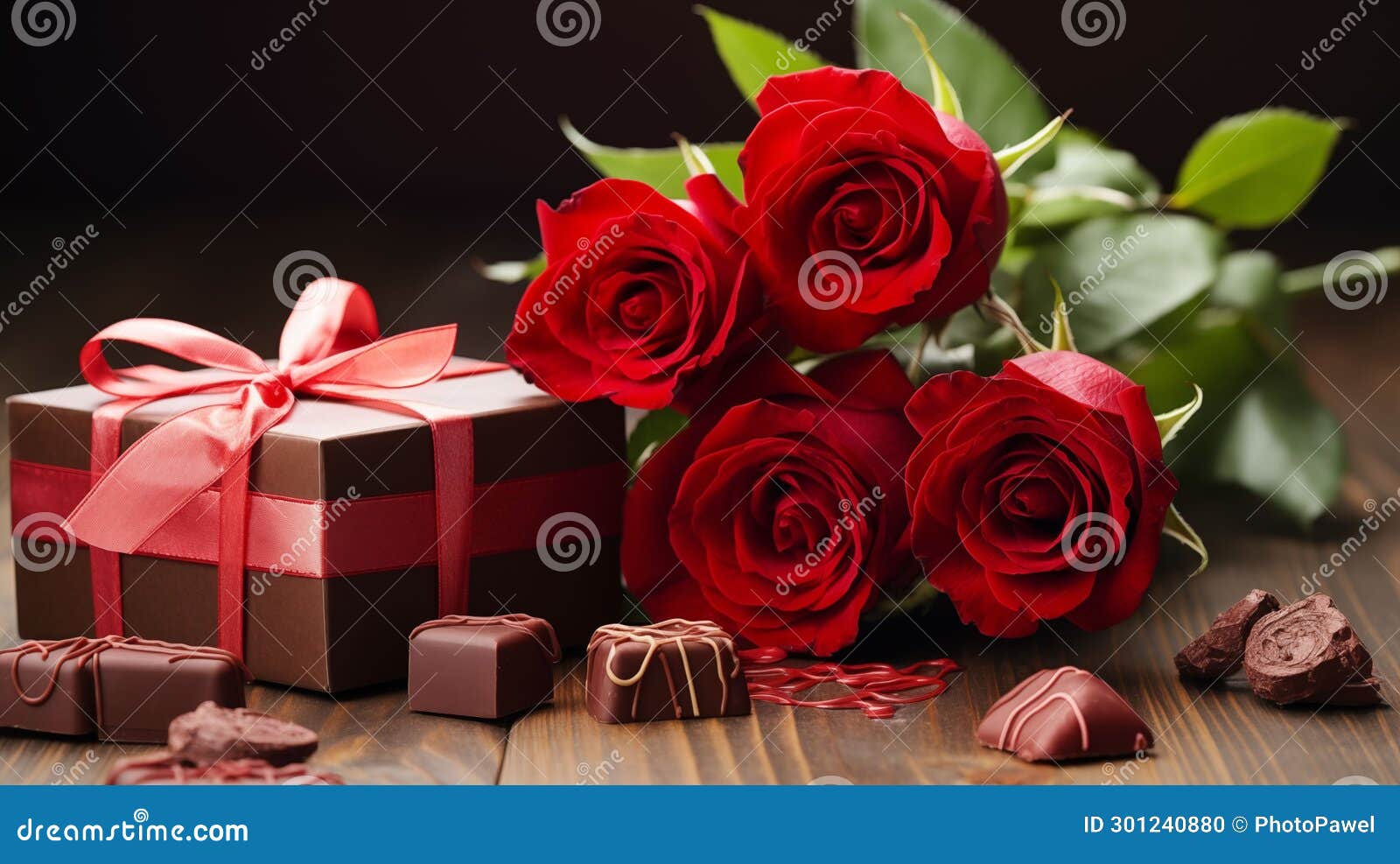 Valentine S Scene with a Bouquet of Red Roses and a Box of Chocolates ...