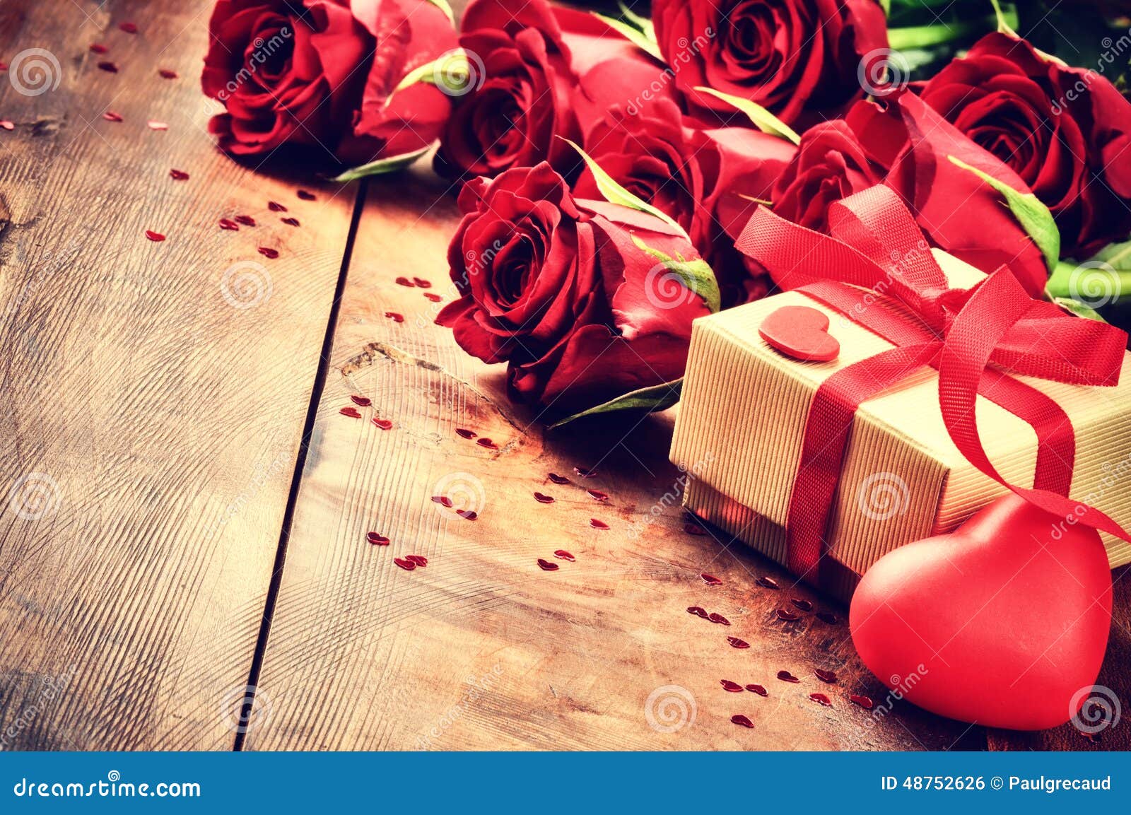 Valentine S Setting with Bouquet of Red Roses and Present Stock Photo ...
