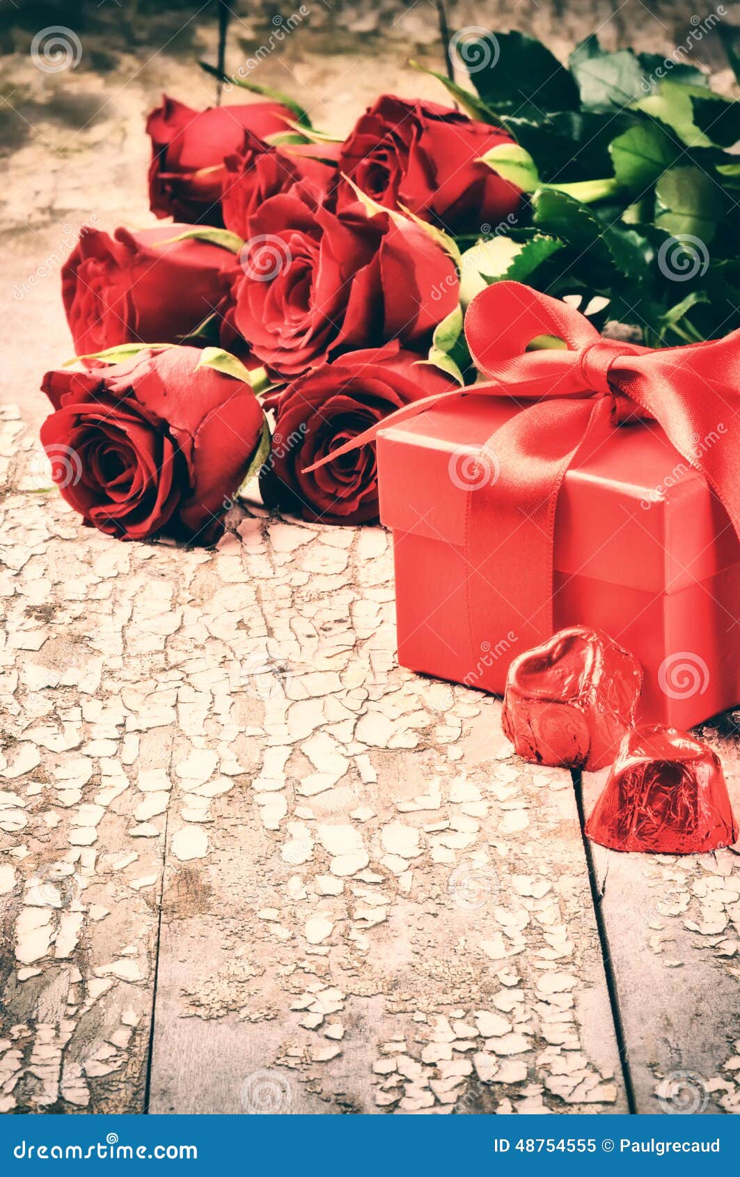Valentine S Setting with Bouquet of Red Roses and Present Stock Image ...
