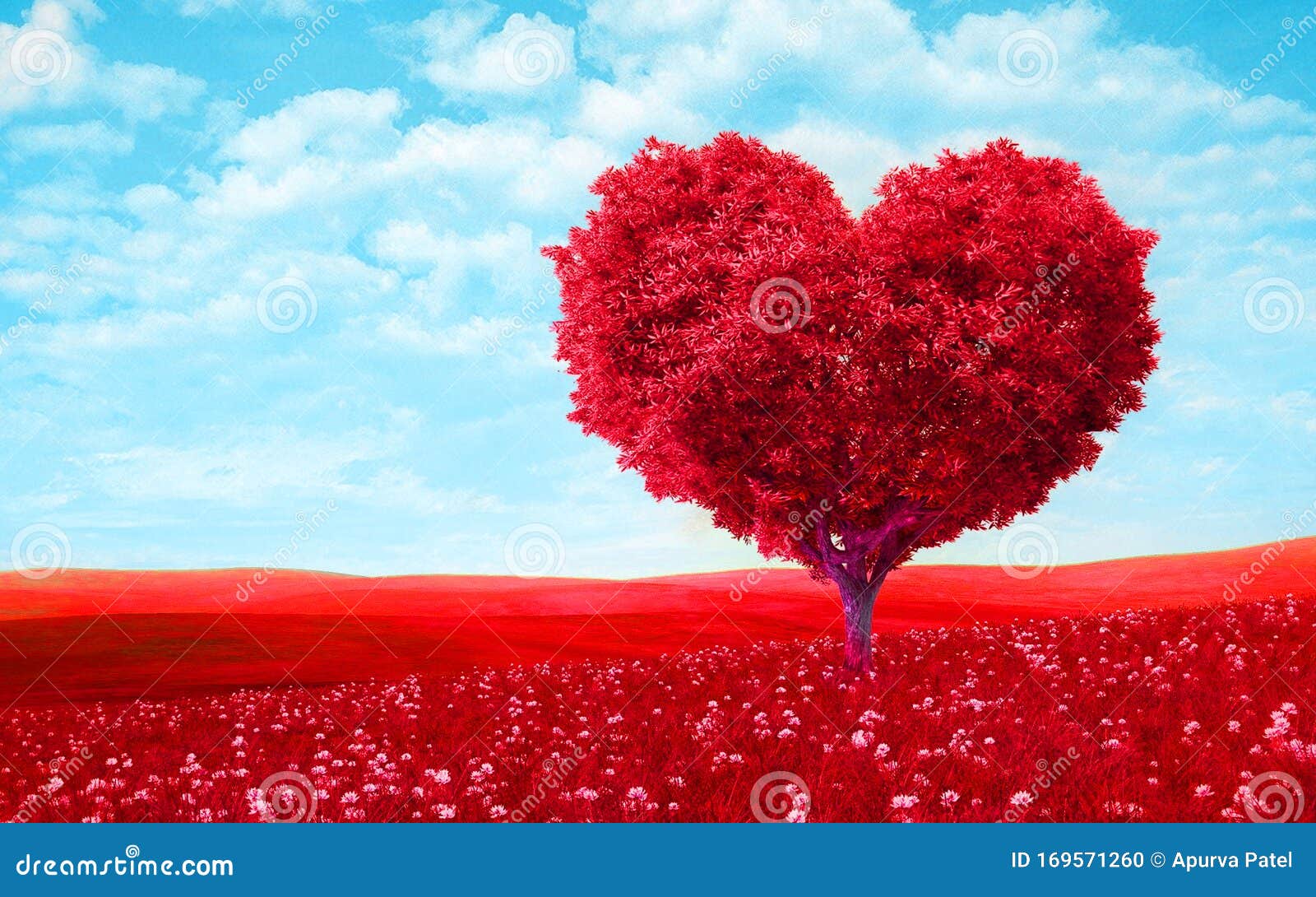 Valentine Special Red Tree of Heart Shape and Red Landscape Stock Photo ...