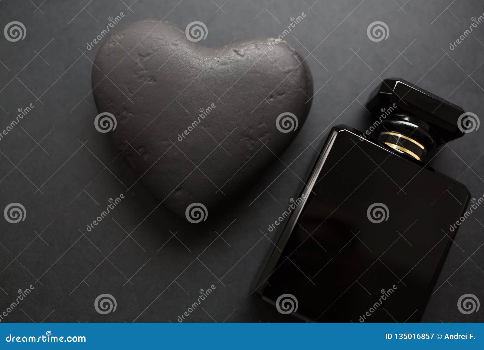Valentines Day Background. Black Heart and Perfume Bottle, on Black ...