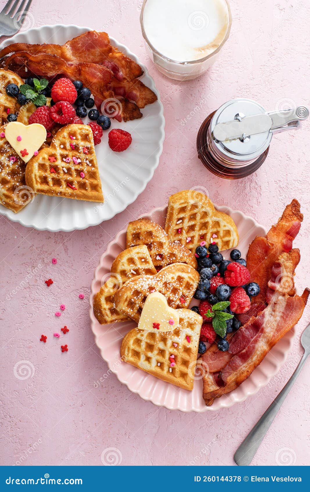 Valentines Day Breakfast for Two with Waffles Heart Shaped Stock Photo ...