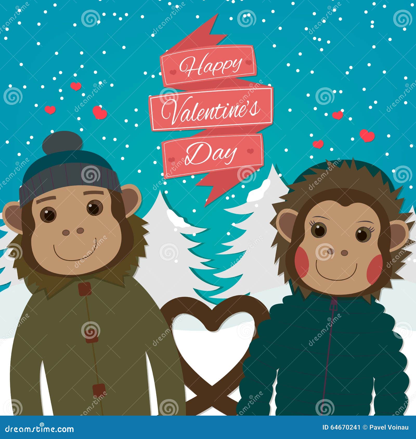 Valentines Day Card with Romantic Couple Monkeys.Vector Illustration ...
