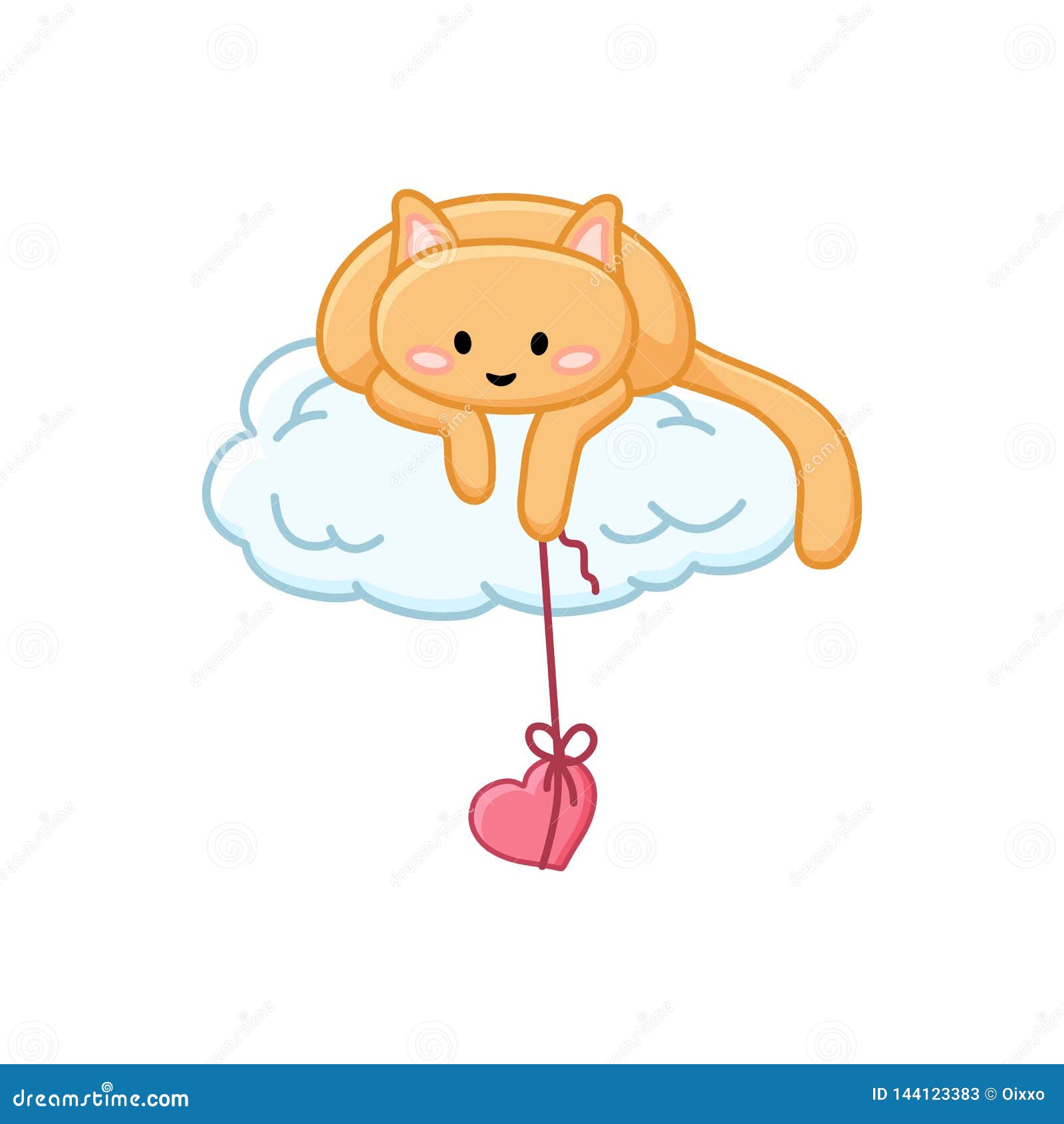 Valentines Day Cute Cat on a Cloud with Heart on a String Cartoon Image ...