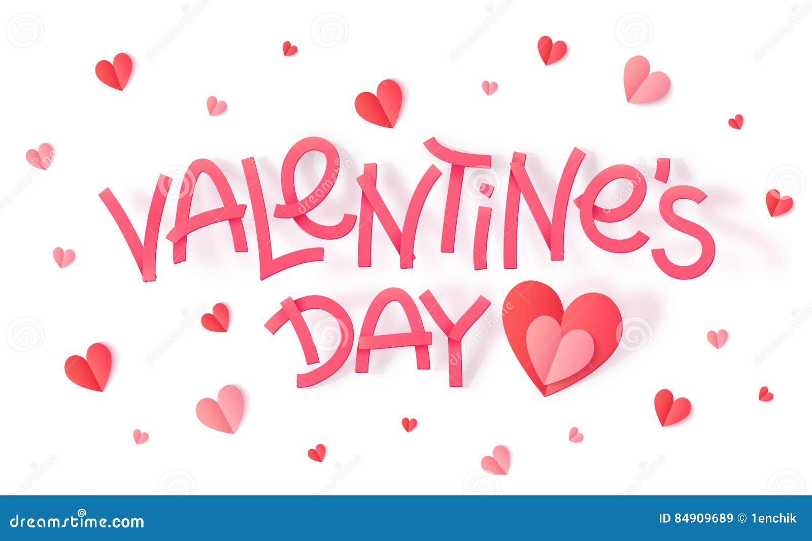 Valentines Day Pink Paper Sign with Folded Hearts, Vector Greeting Card ...